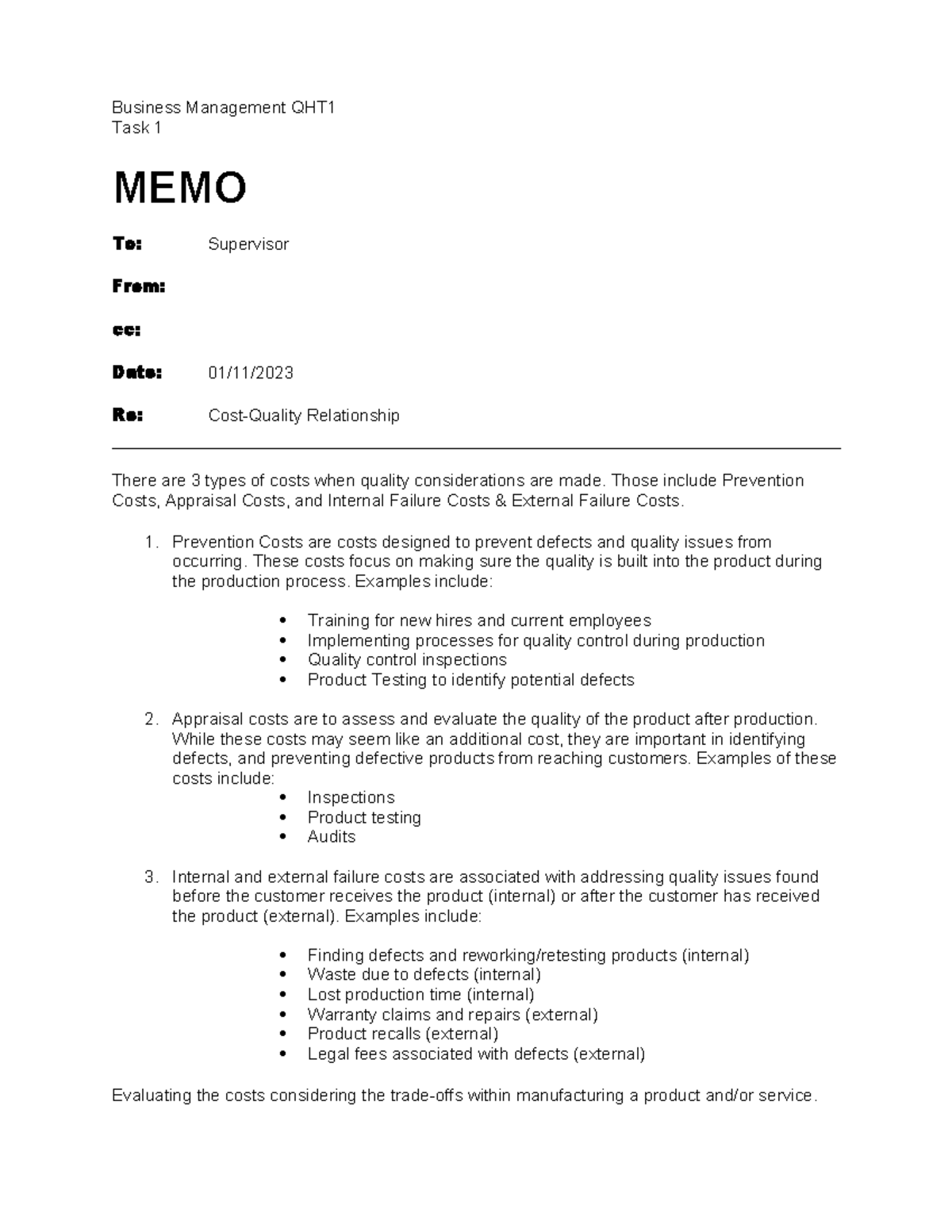 Business Management QHT1 Task 1: Cost Analysis of Quality - Studocu