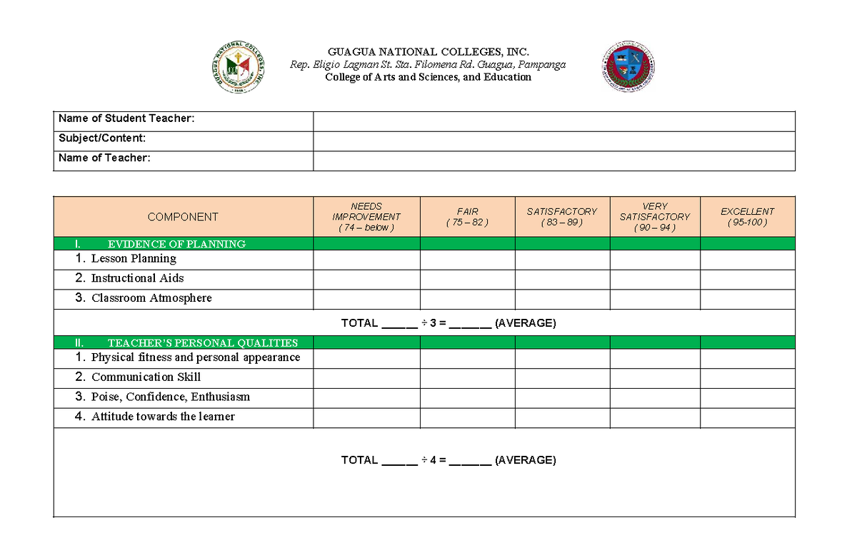 Revised Evaluation Form v2 for GUAGUA NATIONAL COLLEGES, INC. - Studocu