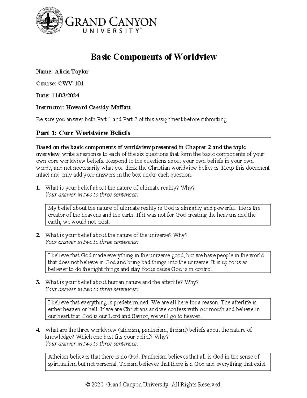 Basic Components of Worldview: A Personal Reflection (Course Code: GCU ...