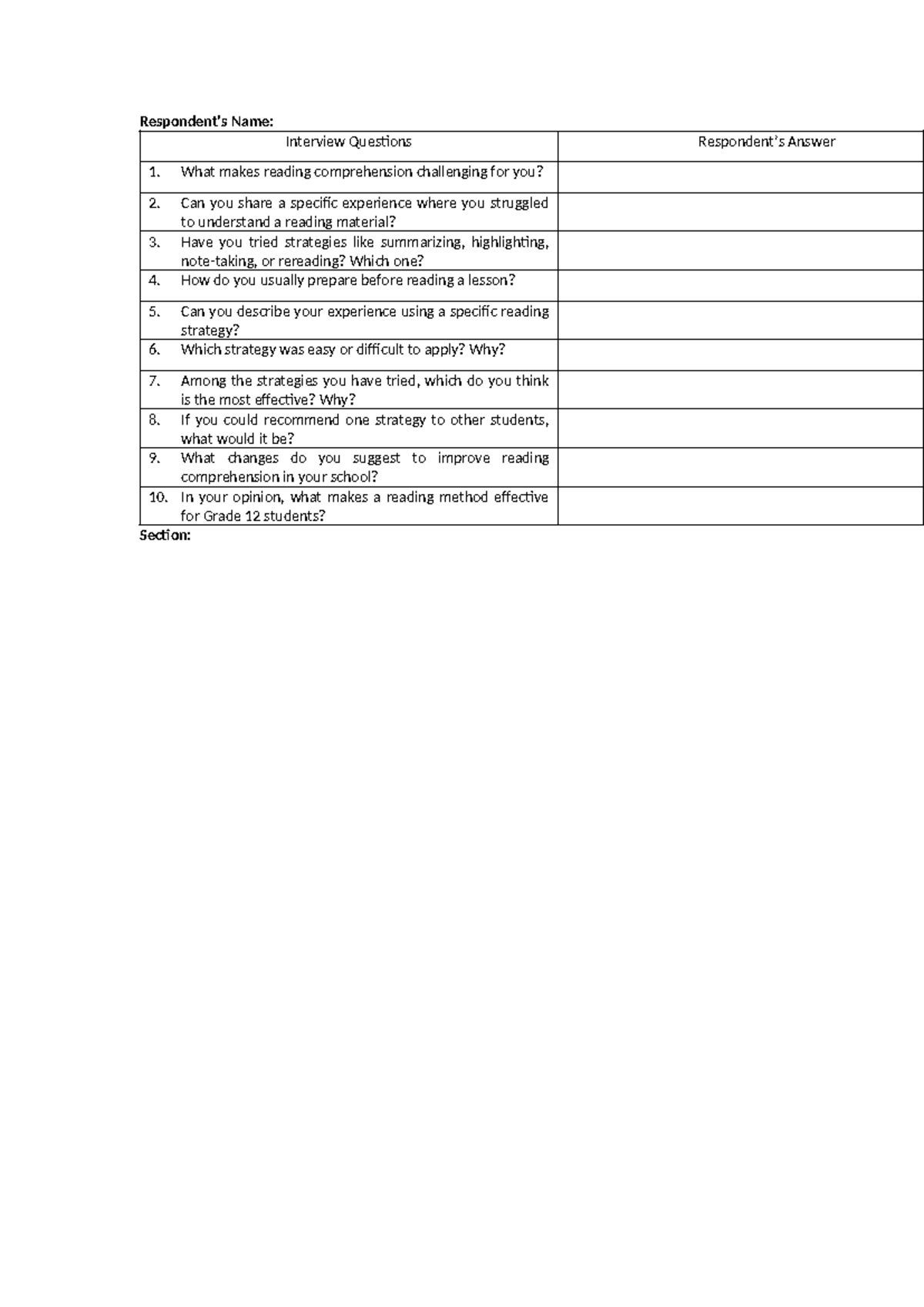 Grade 12 Reading Comprehension Interview Questions - Studocu