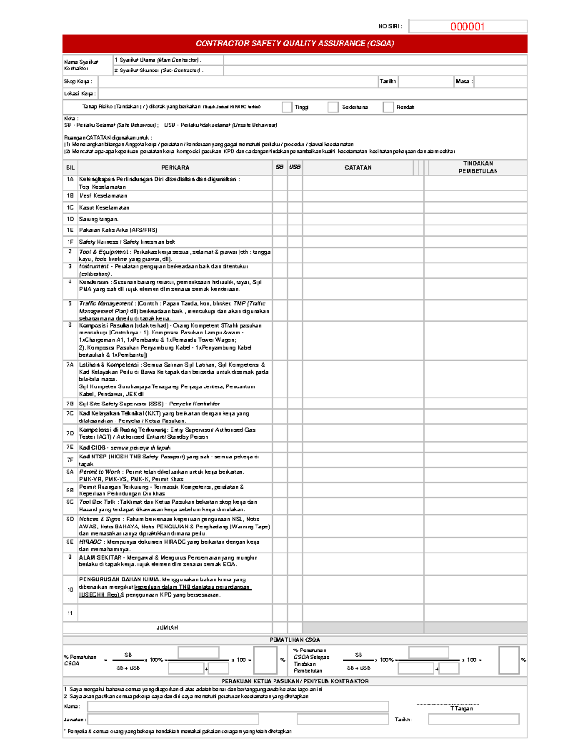 Borang CSQA Kontraktor: Penilaian Keselamatan & Kualiti 2020 - Studocu