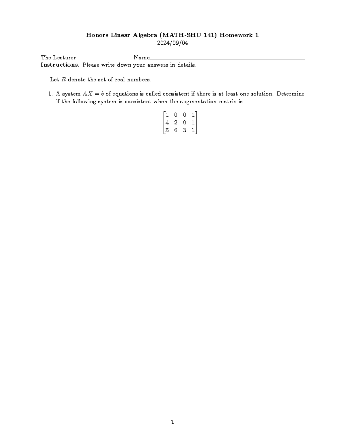Honors Linear Algebra 141: Homework 1 Detailed Solutions - Studocu