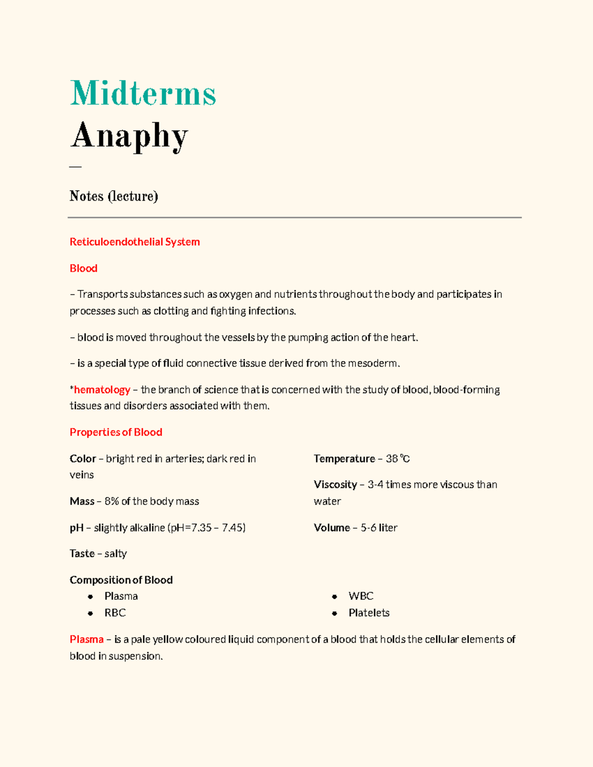 Anaphy lec - Midterms Anaphy ___ Notes (lecture) Reticuloendothelial ...
