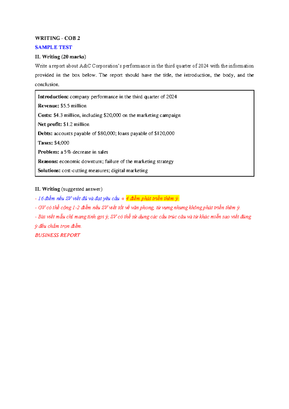 Writing-COB-2-KEY - Final Exam Report on Q3 2024 Company Performance ...