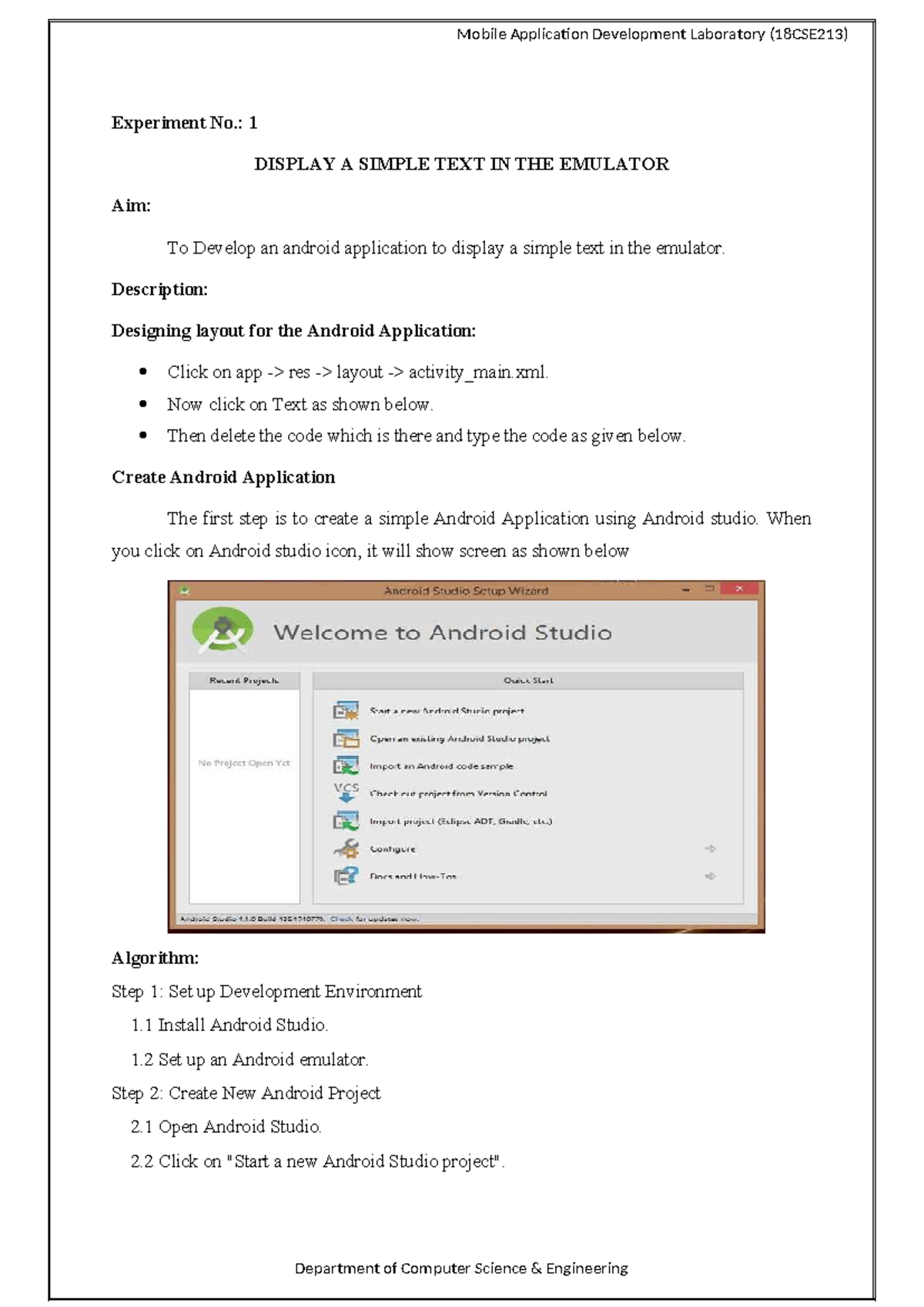 Mobile Application Development Laboratory (18CSE213) Experiment Guide ...