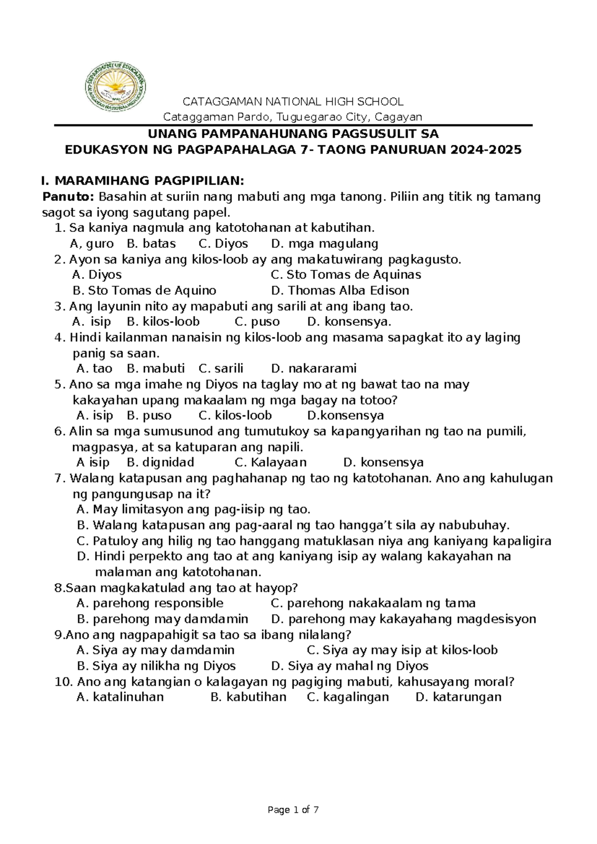 GMRC-7 Unang Pagsusulit 2025: Edukasyon ng Pagpapahalaga - Studocu