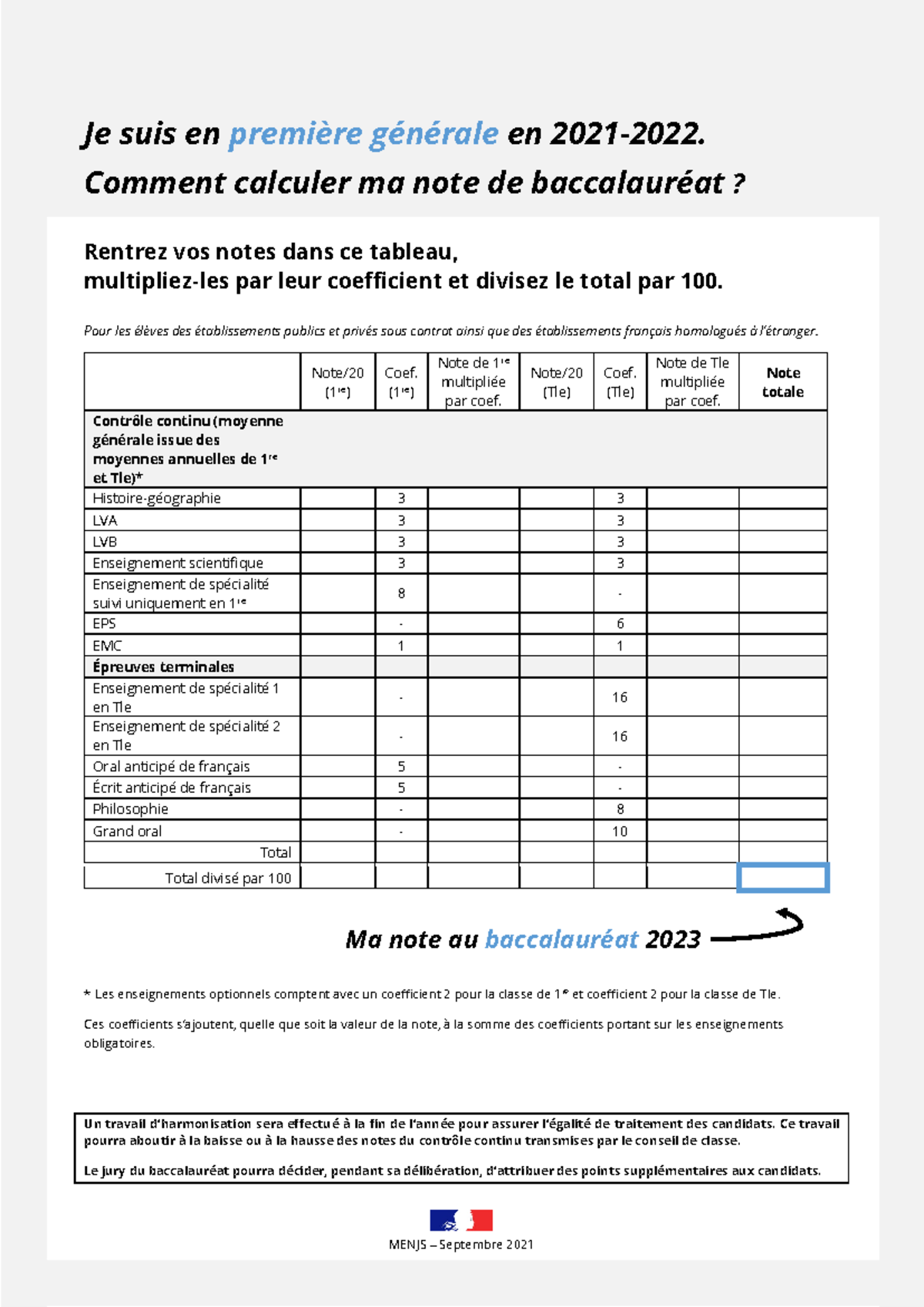 calculer note bac - MENJS – Septembre 2021 Je suis en première générale ...