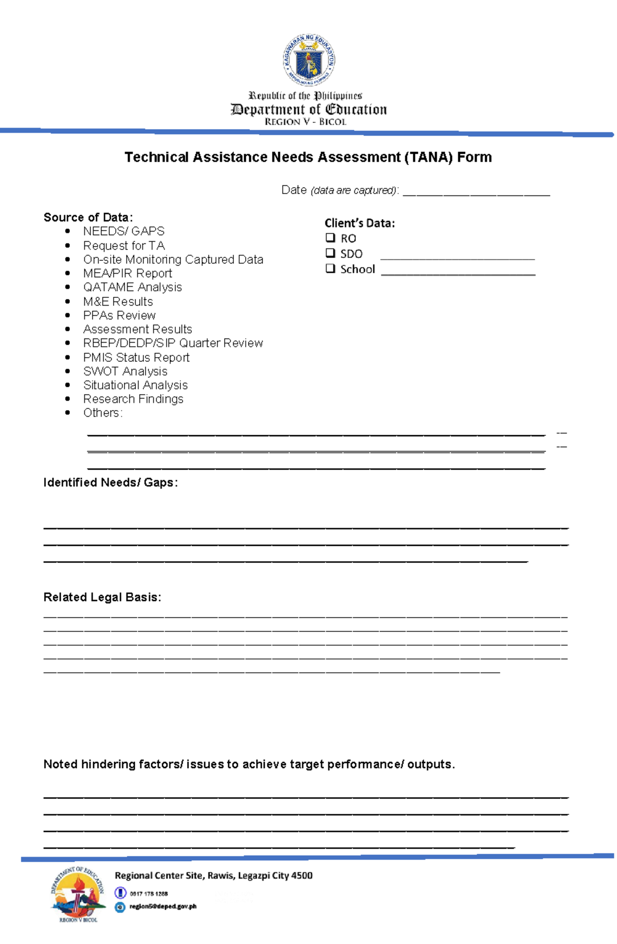 TANA-Tarap District Technical Assistance Needs Assessment Form - Studocu