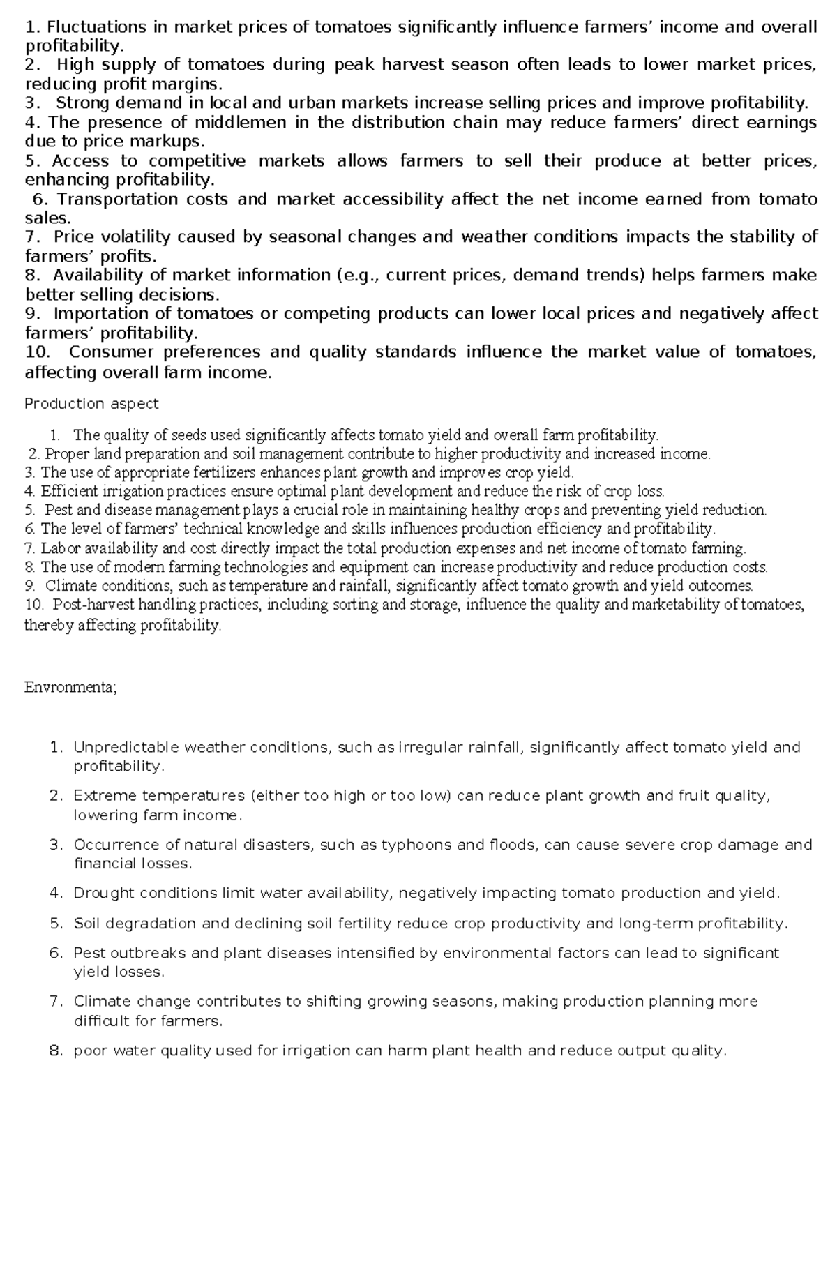 Questionnaire on Tomato Market Dynamics and Profitability Factors - Studocu