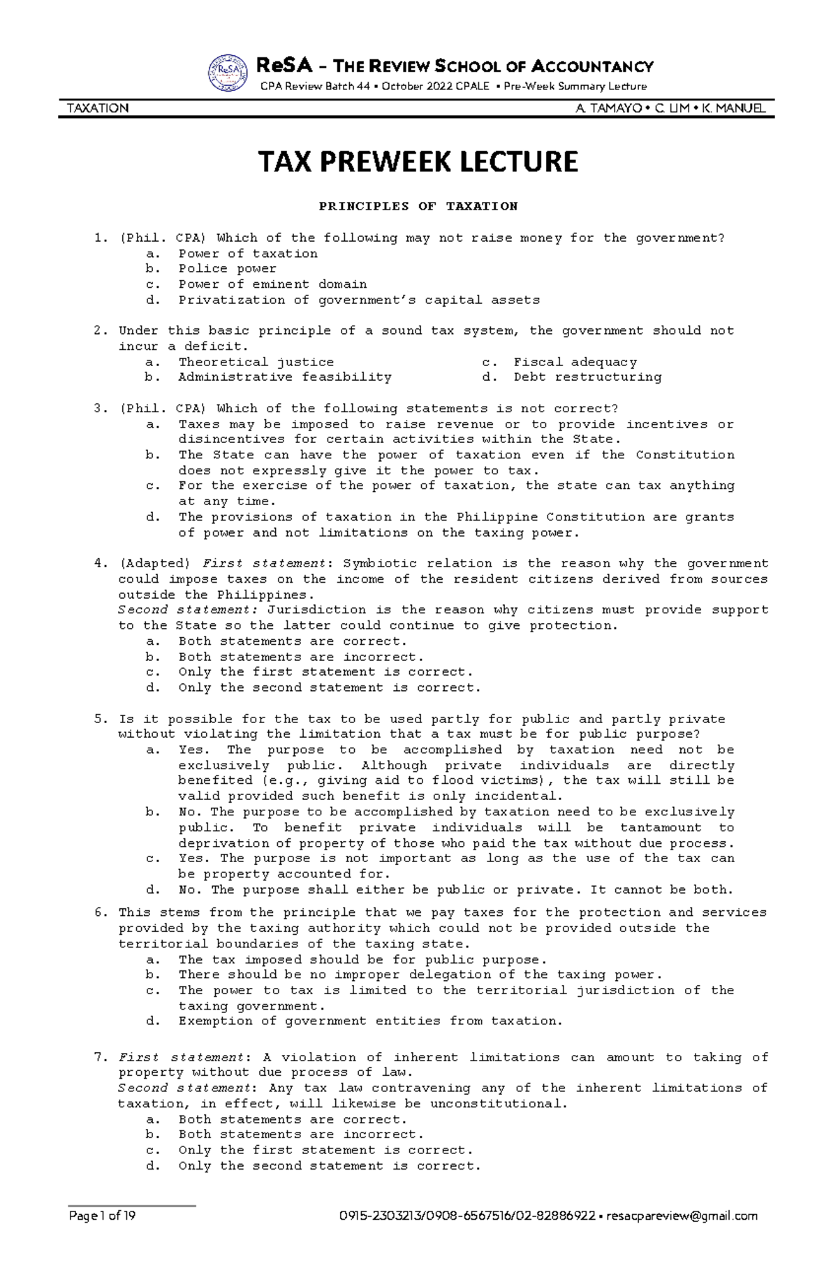 TAX Preweek (B44) - Comprehensive Review for October 2022 CPALE - Studocu