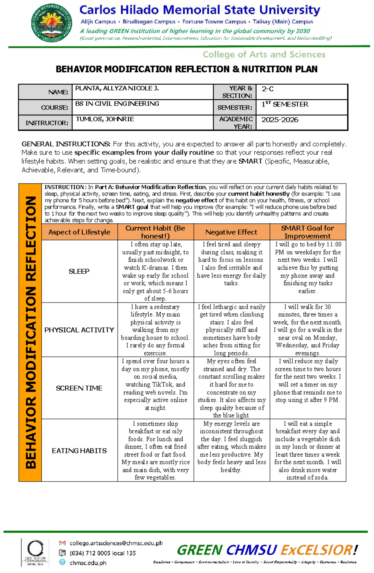BE 101: Behavior Modification Reflection & Nutrition Plan - Studocu