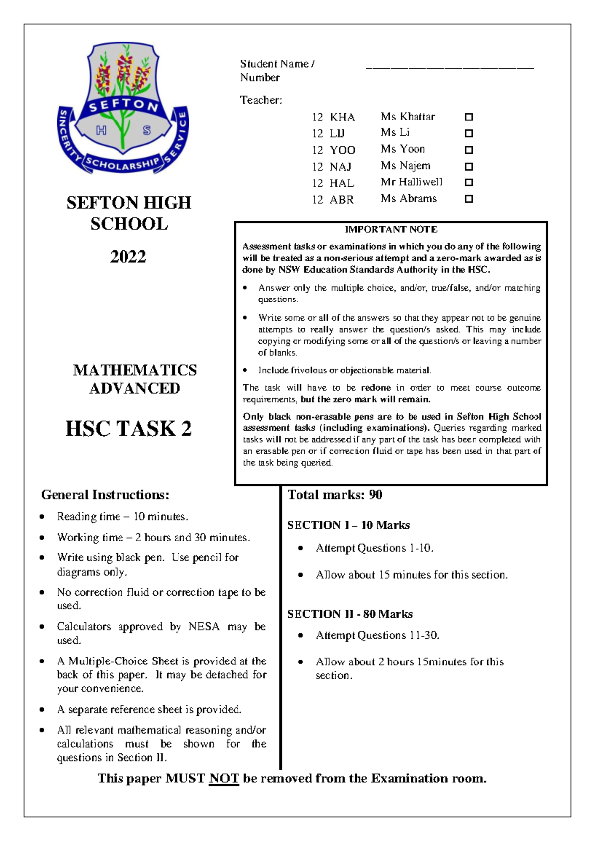 2022 HSC Task 2 Adv Maths - SEFTON HIGH SCHOOL 2022 Student Name ...
