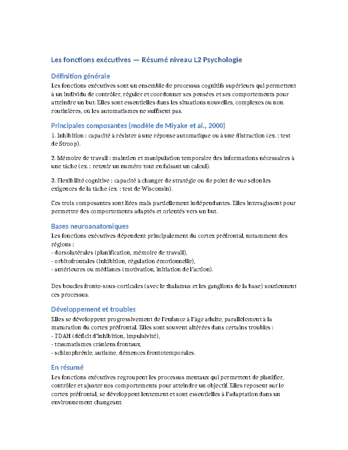 Les fonctions exécutives : Résumé L2 Psychologie et Développement - Studocu