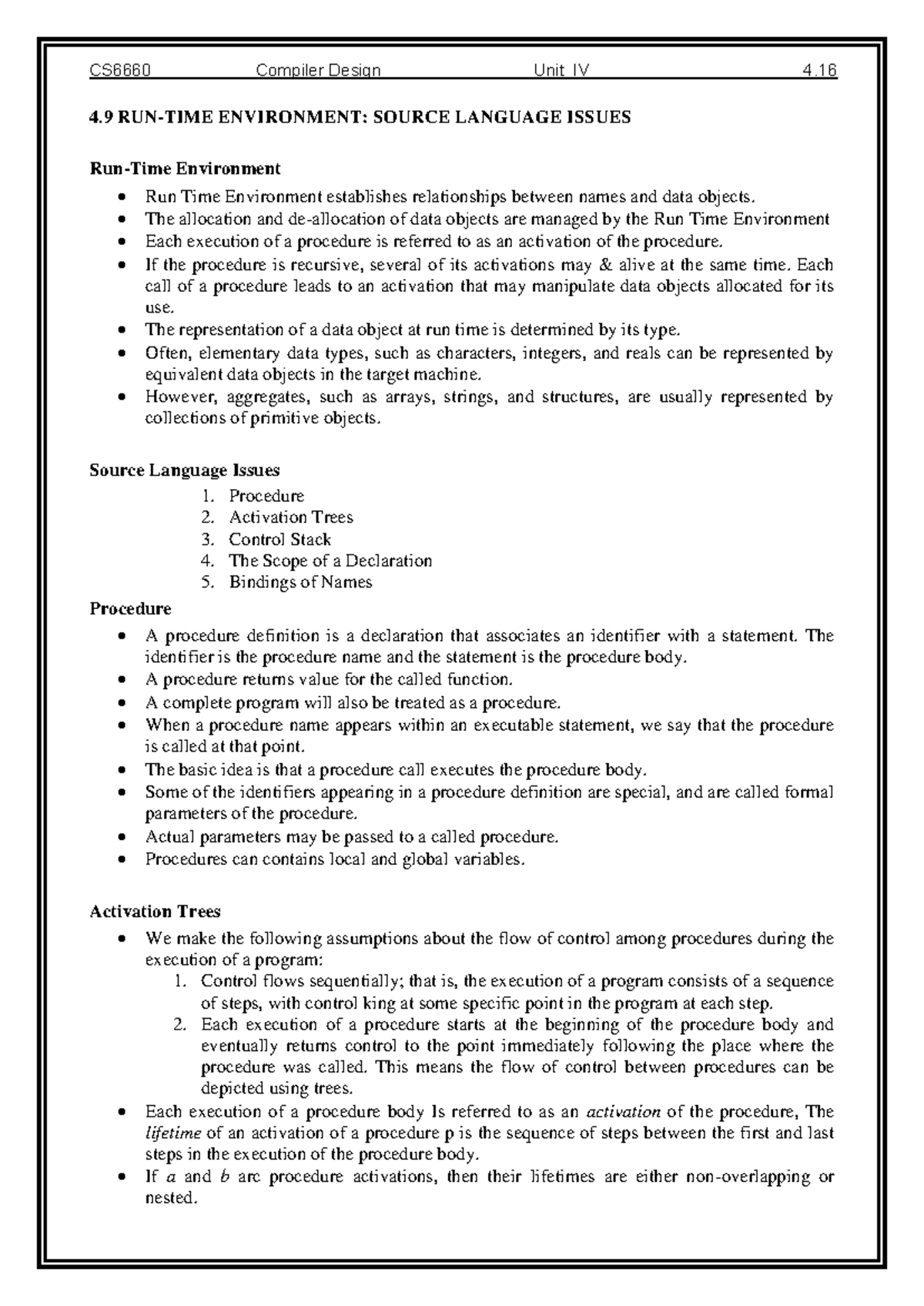 UNIT-4 Compiler Design - 4 RUN-TIME ENVIRONMENT: SOURCE LANGUAGE ISSUES ...