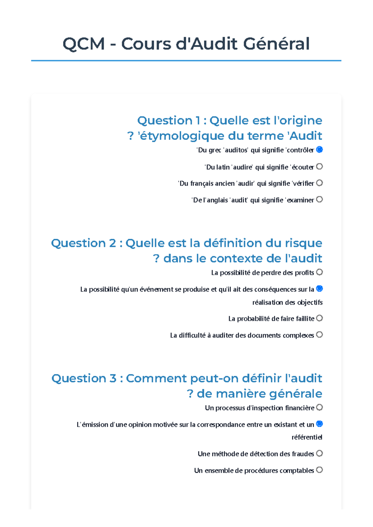 QCM - Cours d'Audit Général : Questions et Réponses Essentielles - Studocu