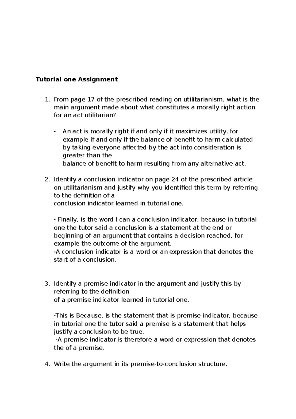 Tutorial 1 Assignment: Analyzing Act Utilitarianism Arguments - Studocu