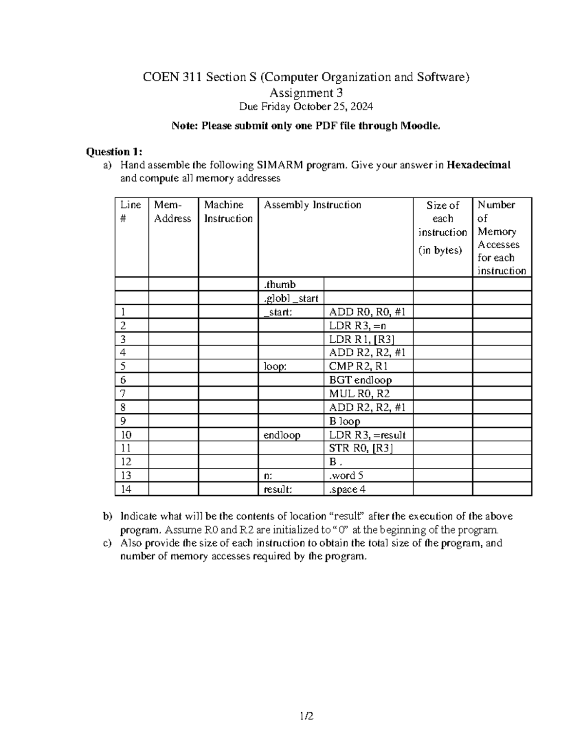 COEN 311 Assignment 3: SIMARM Program Hand Assembly & Analysis - Studocu