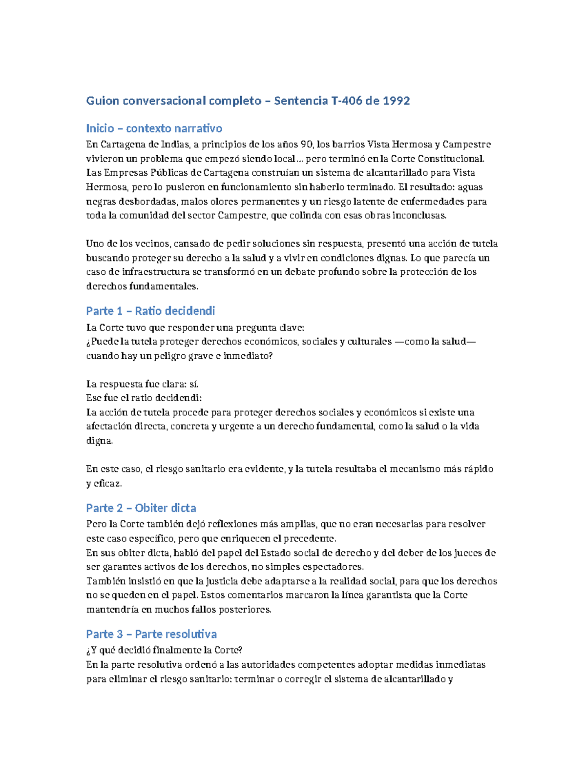 Guion Conversacional Completo: Sentencia T406 de 1992 - Studocu