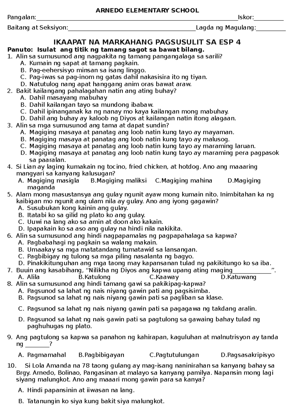 ESP example test questions in the elementary - Socio-Cultural ...