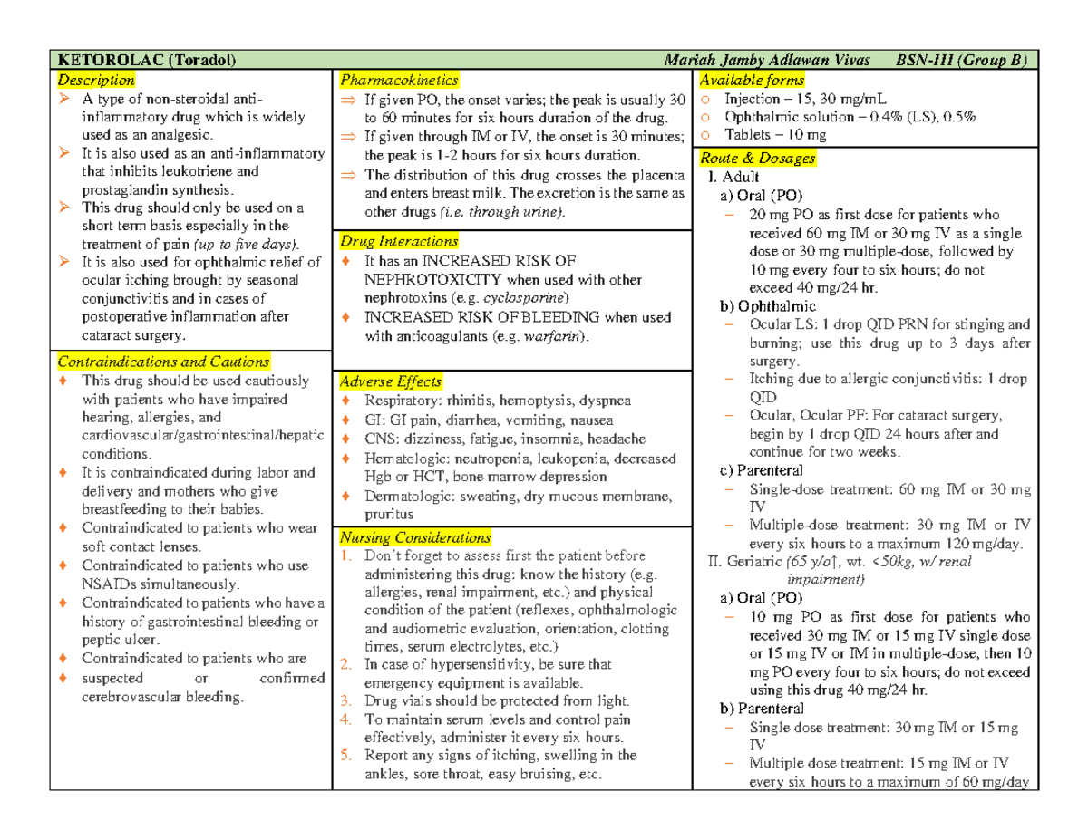 BSN-III Drug Study: Ketorolac Overview and Considerations - Studocu