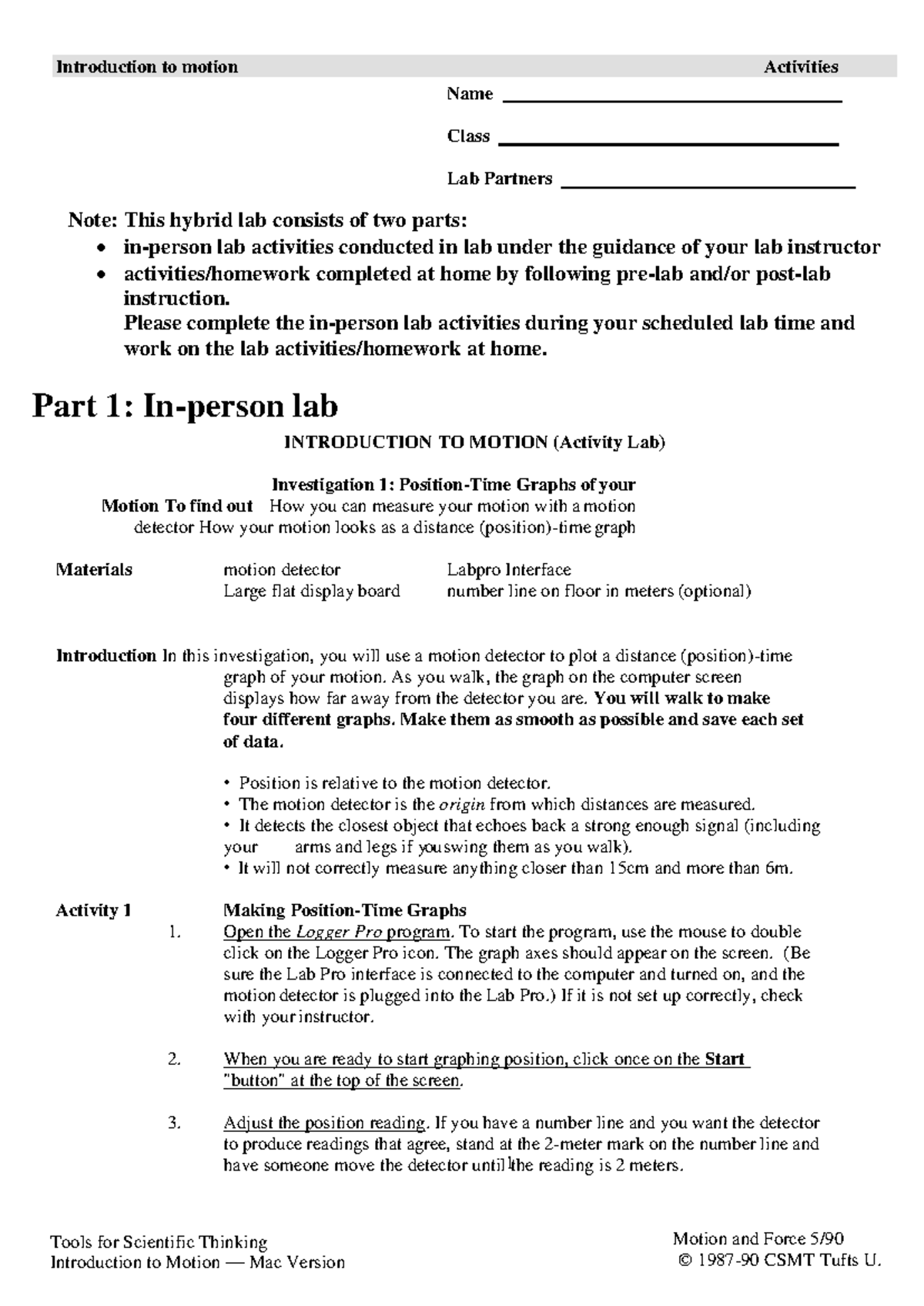 Lab 1 - Intro to Motion - 2H lab - Tools for Scientific Thinking ...
