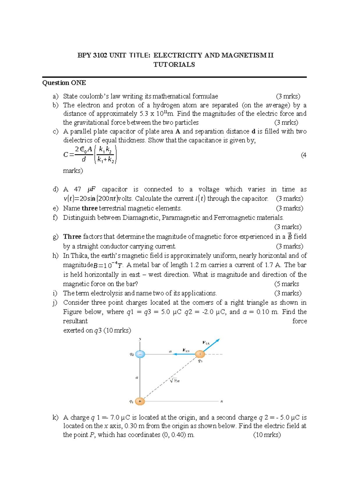 BPY 3102 EM II Tutorials: Electricity and Magnetism Concepts - Studocu