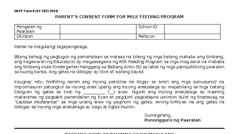 Neg Occ SBFP Form 8: Consent for Milk Feeding Program - Studocu