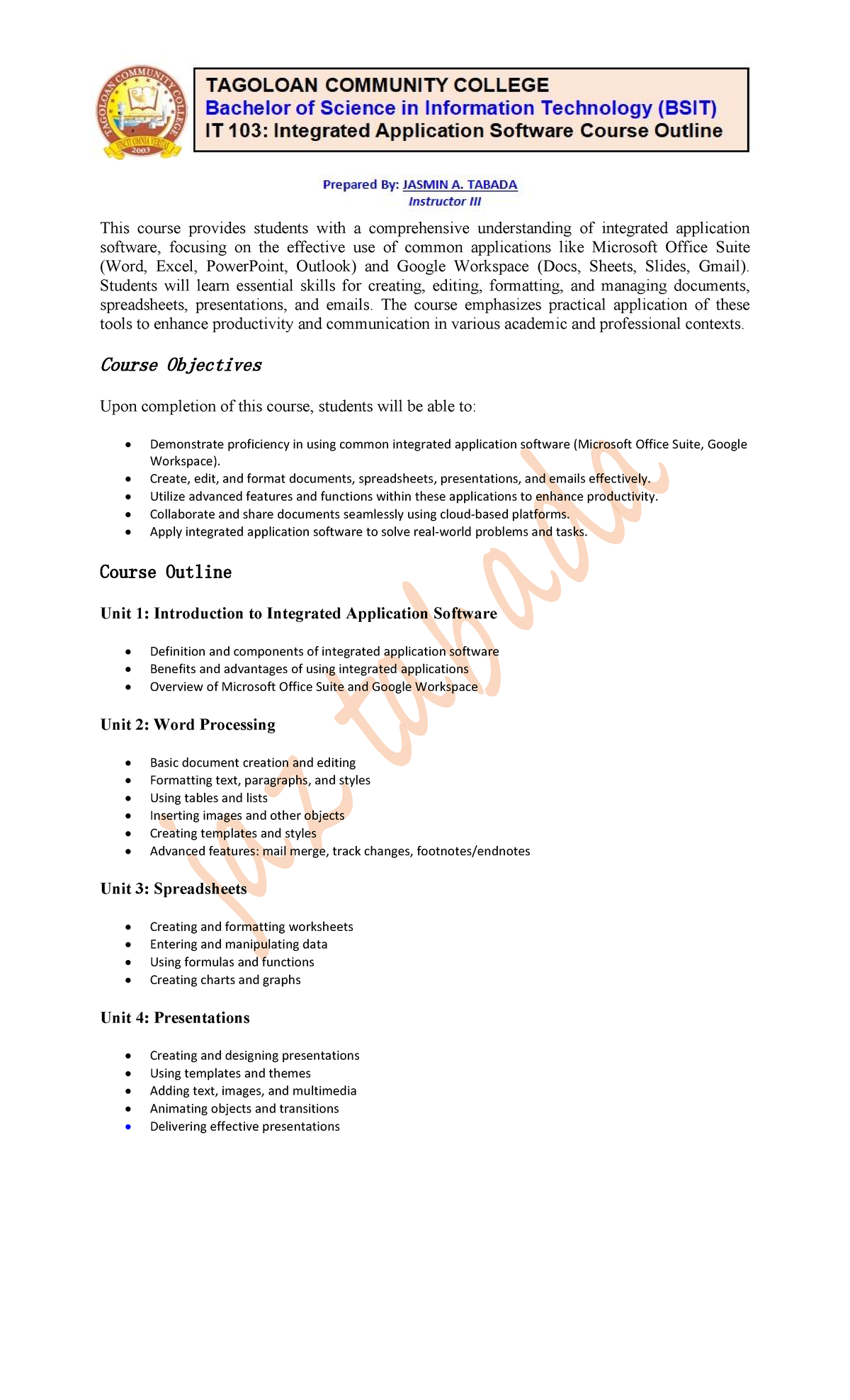 IT 103 LEC Mod1 2024 - Integrated Application Software Overview - Studocu