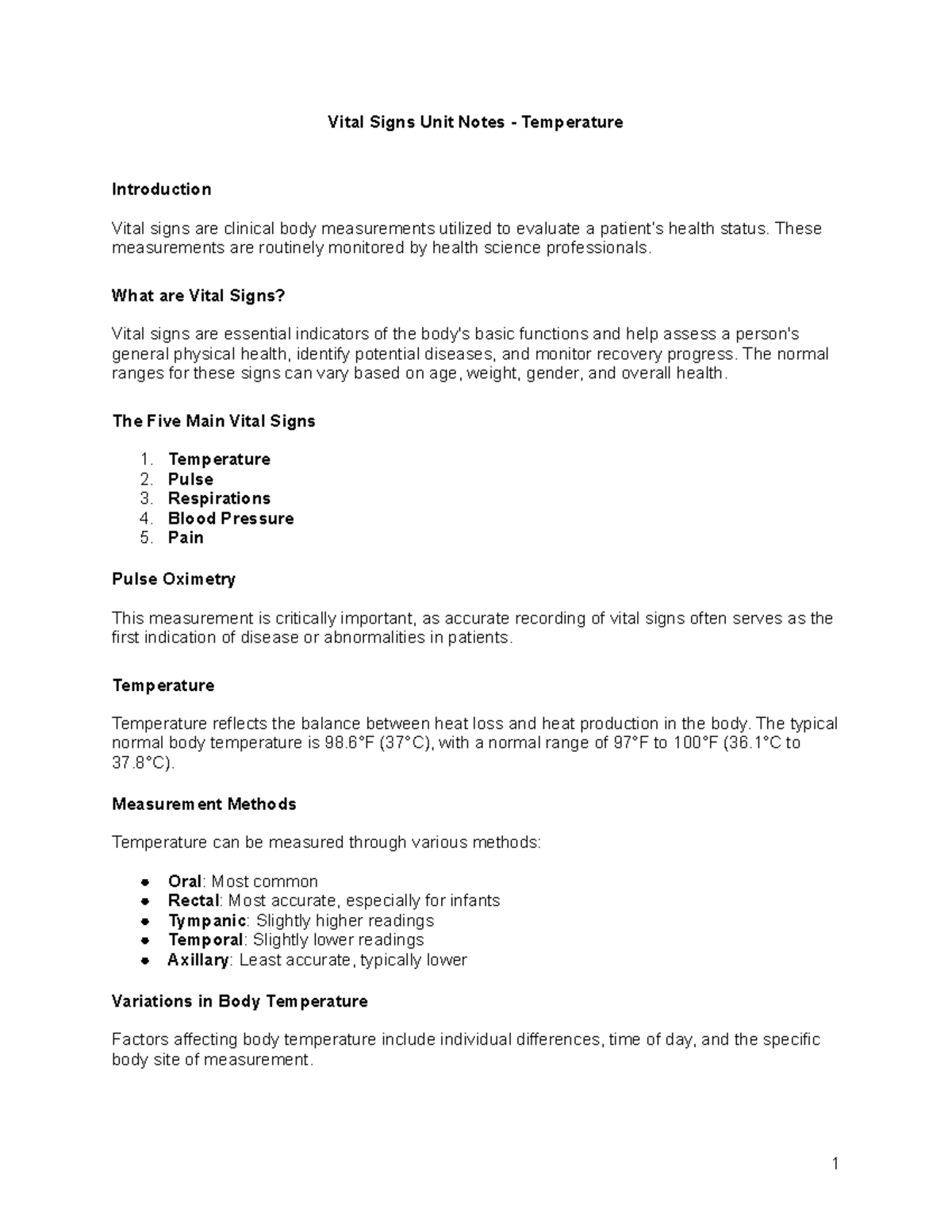 Vital Signs Unit Notes: Understanding Temperature Measurement - Studocu
