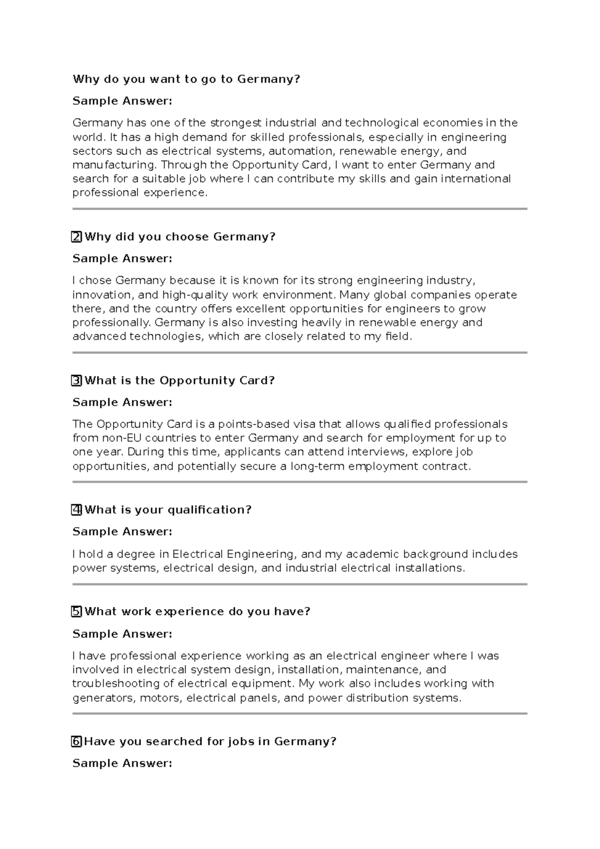 Germany Opportunity Card: Sample Answers for Engineers - Studocu