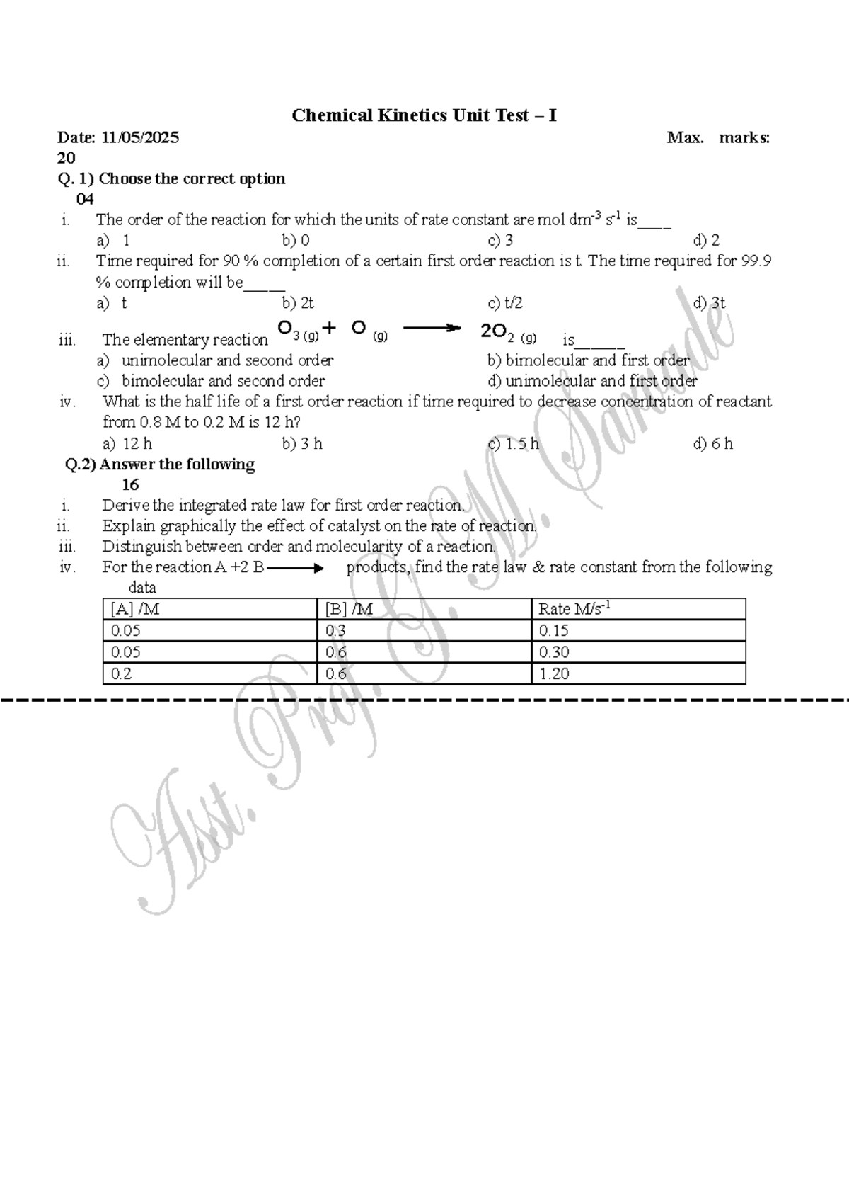 Chemical Kinetics Unit Test I - Key Concepts & Questions - Studocu