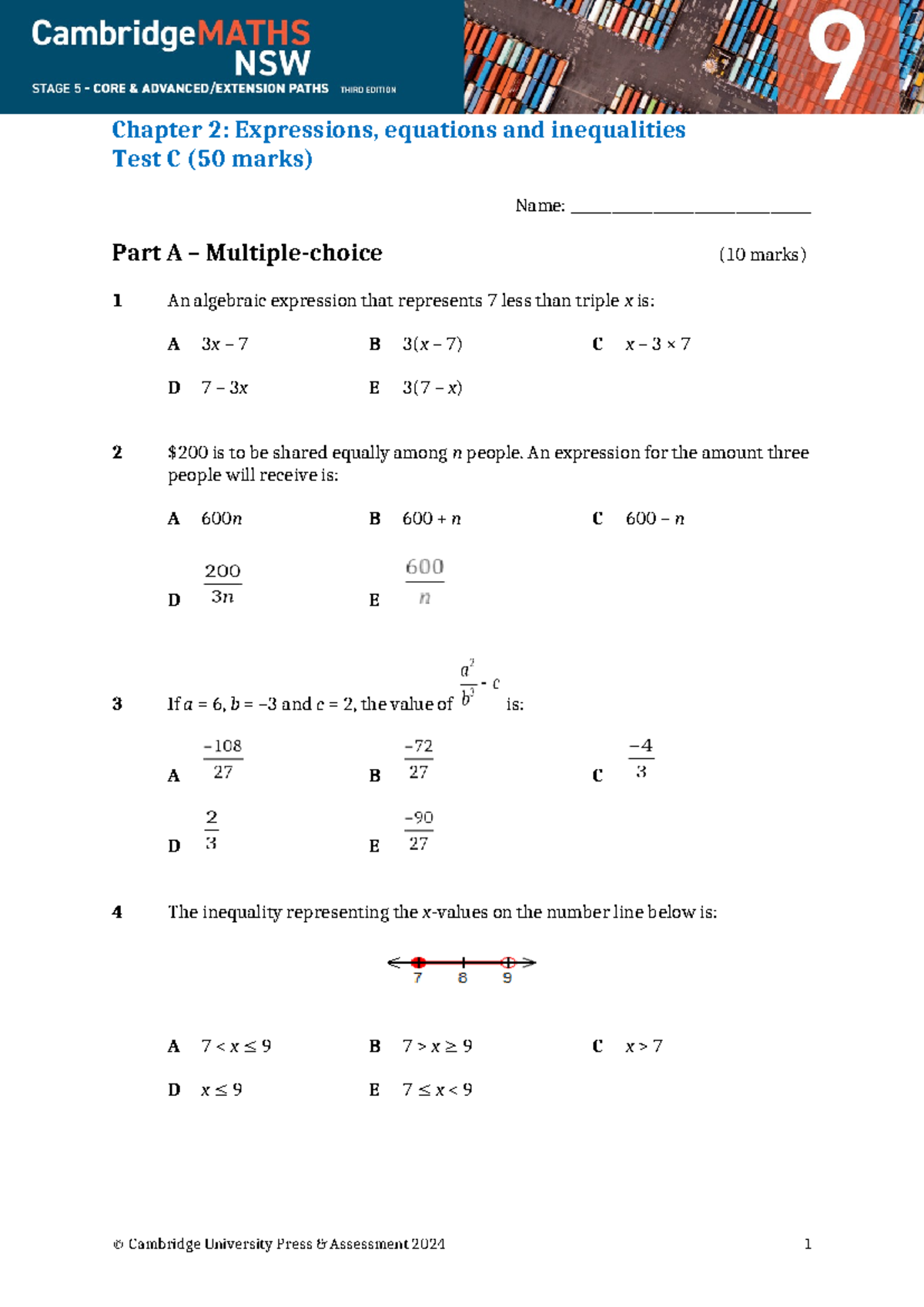 Chapter 2: Expressions, Equations & Inequalities Test C (50 Marks ...