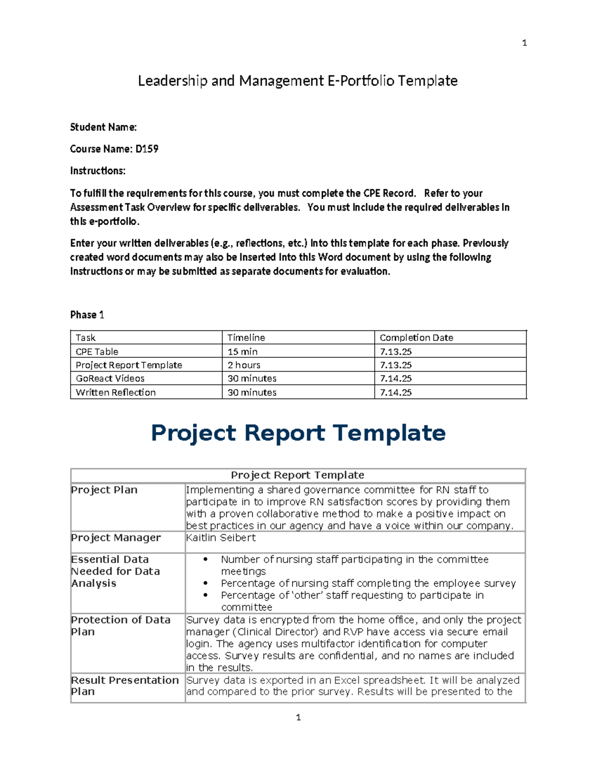 D159 CPE Project Report & Data Management Plan Template - Studocu