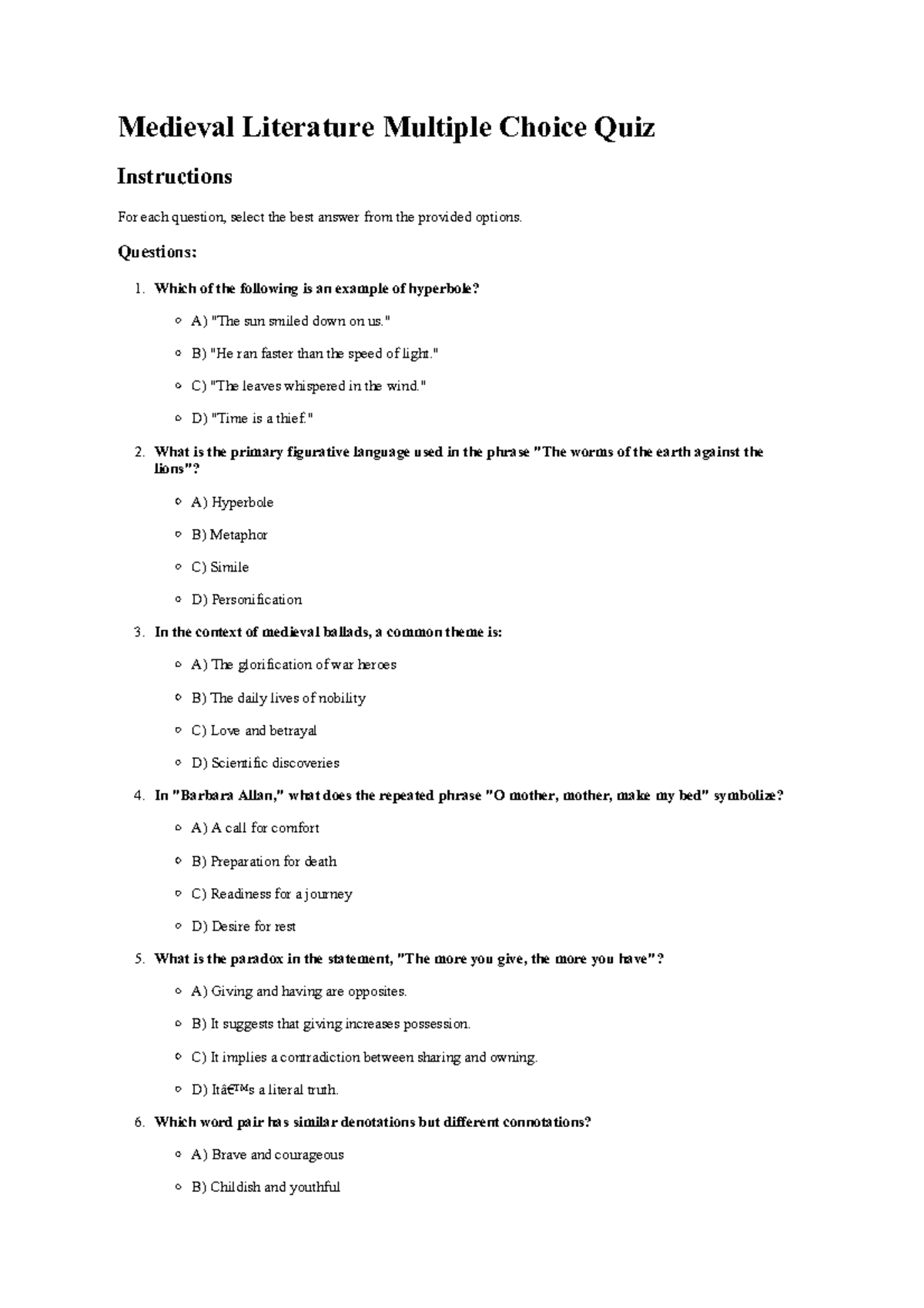 Medieval Literature Multiple Choice Quiz (Course Code: ML101 ...