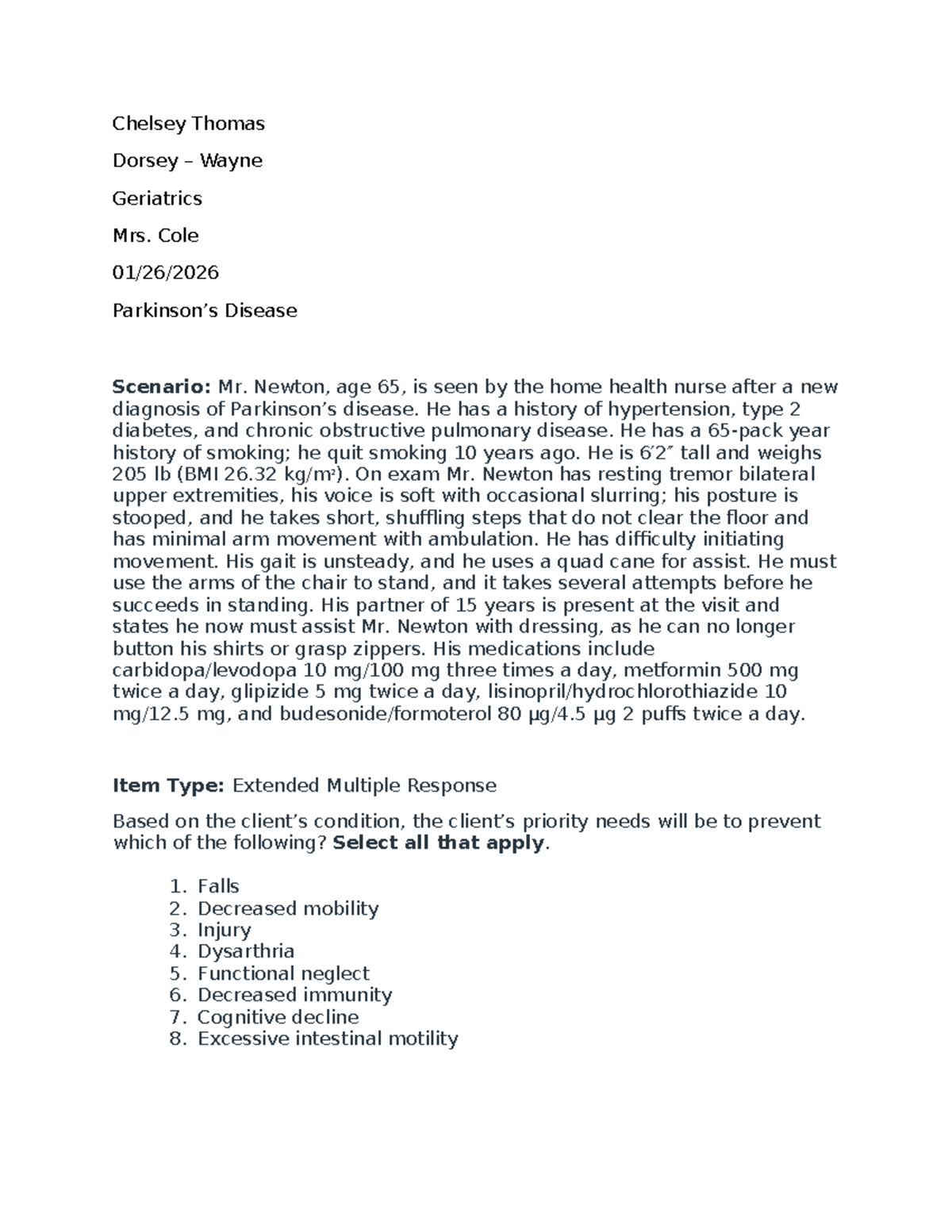 Geriatrics Case Study: Mr. Newton's Parkinson's Disease Scenario - Studocu