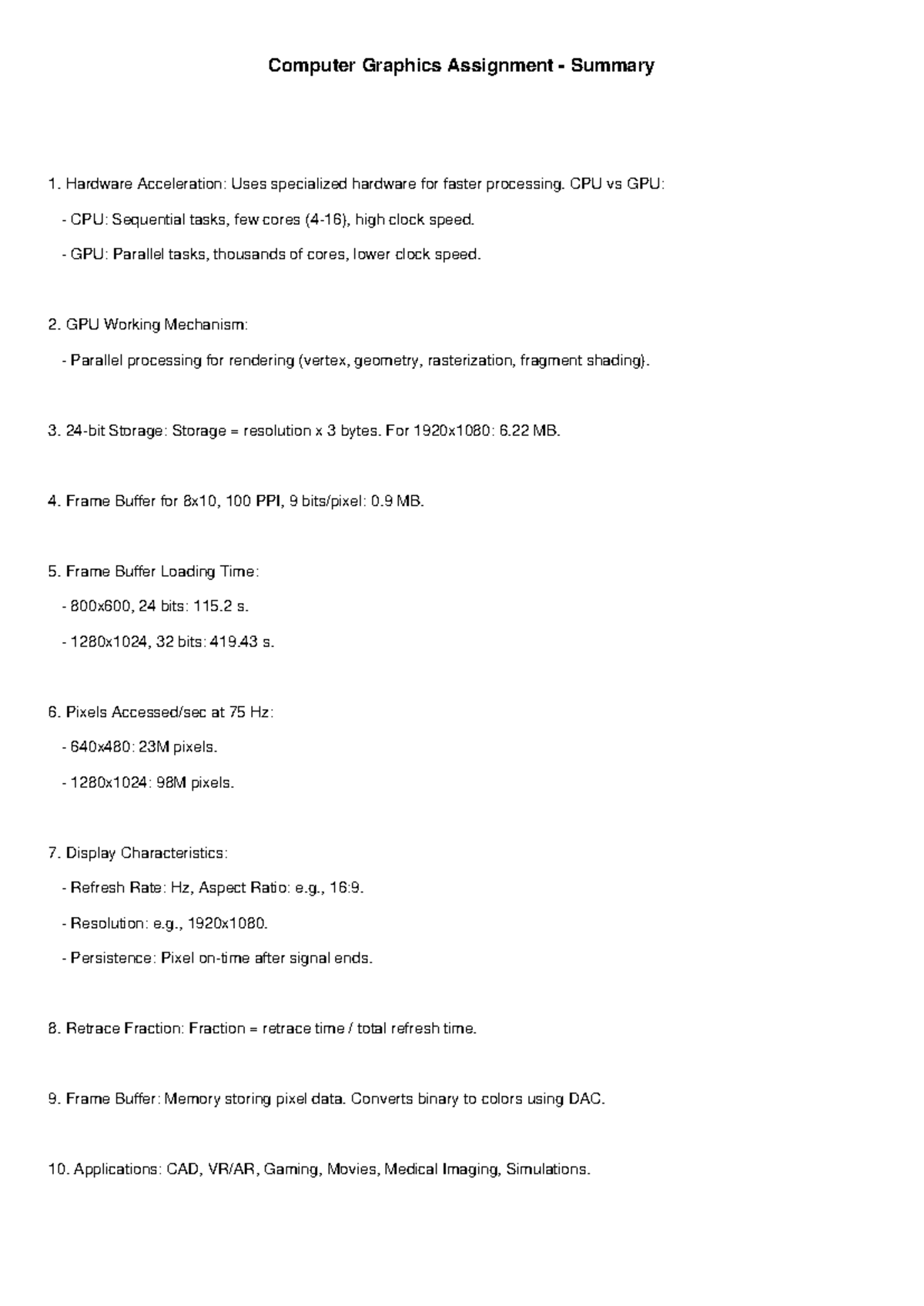 Computer Graphics Summary Adjusted - Computer Graphics Assignment ...