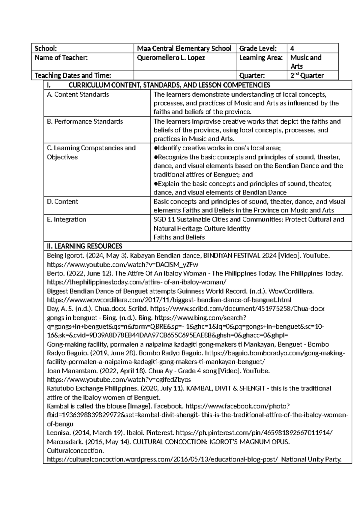Detailed Lesson Plan in Music and Arts 4: Bendian Dance and Cultural ...
