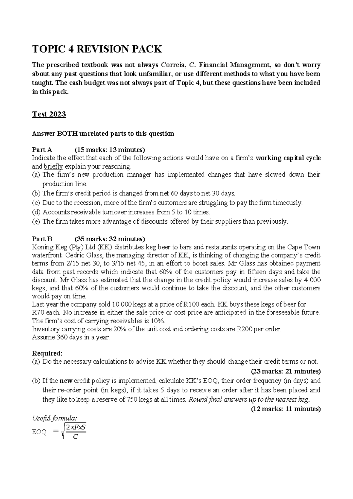 Topic 4 Revision Pack 2026: Cash Management & Working Capital Analysis ...