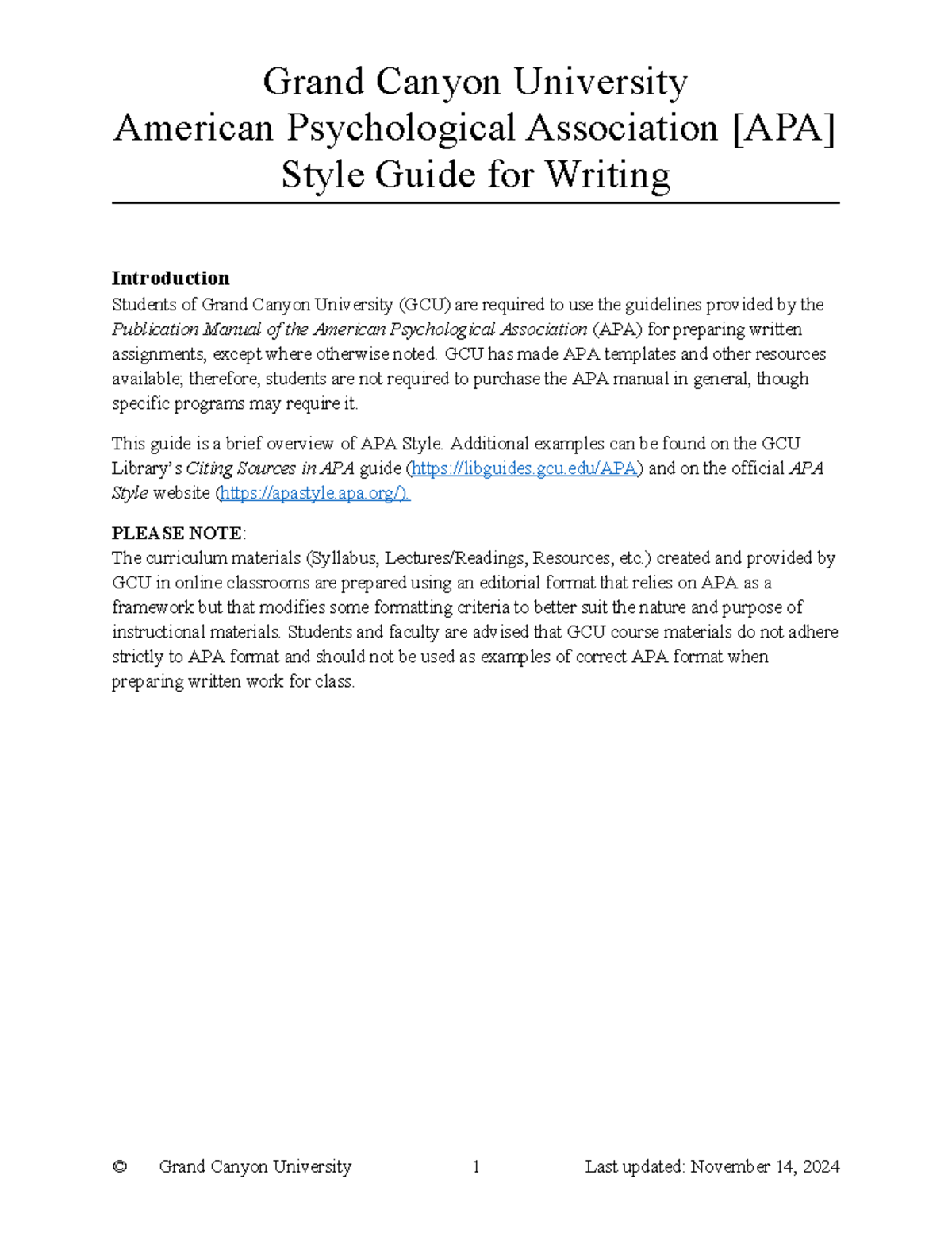 Writing Center Style APA 7th Edition Style Guide - Grand Canyon ...