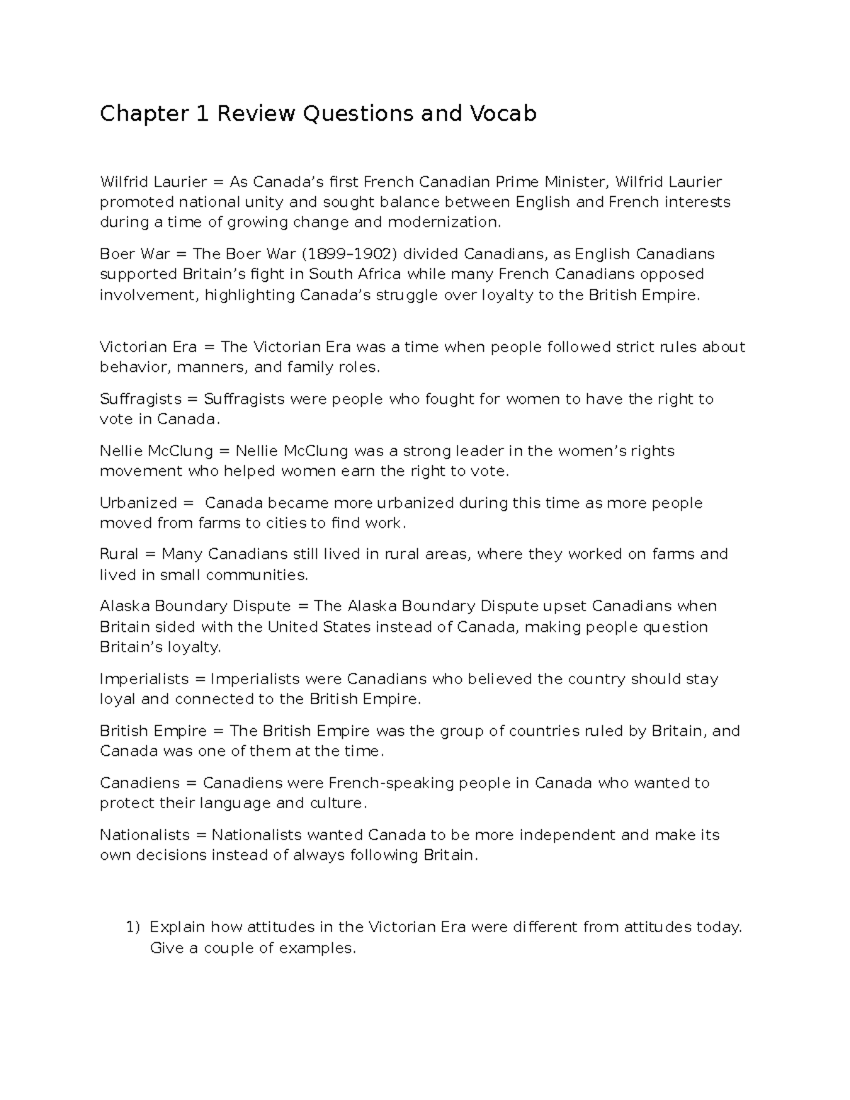 Chapter 1 Review: Canada at the Turn of the 20th Century - Studocu