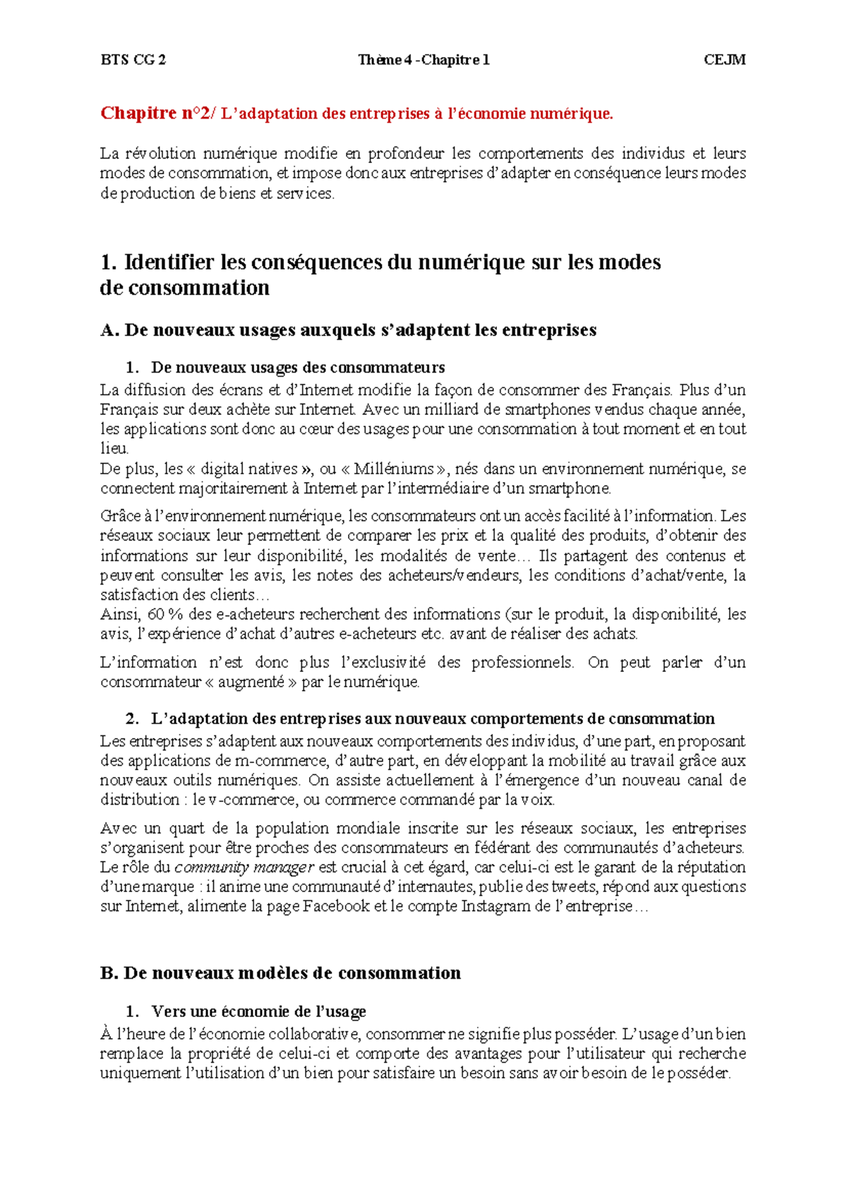 Chapitre 2 - BTS CG 2 Thème 4 - Chapitre 1 CEJM Chapitre n° 2 / L’adaptation des entreprises à ...