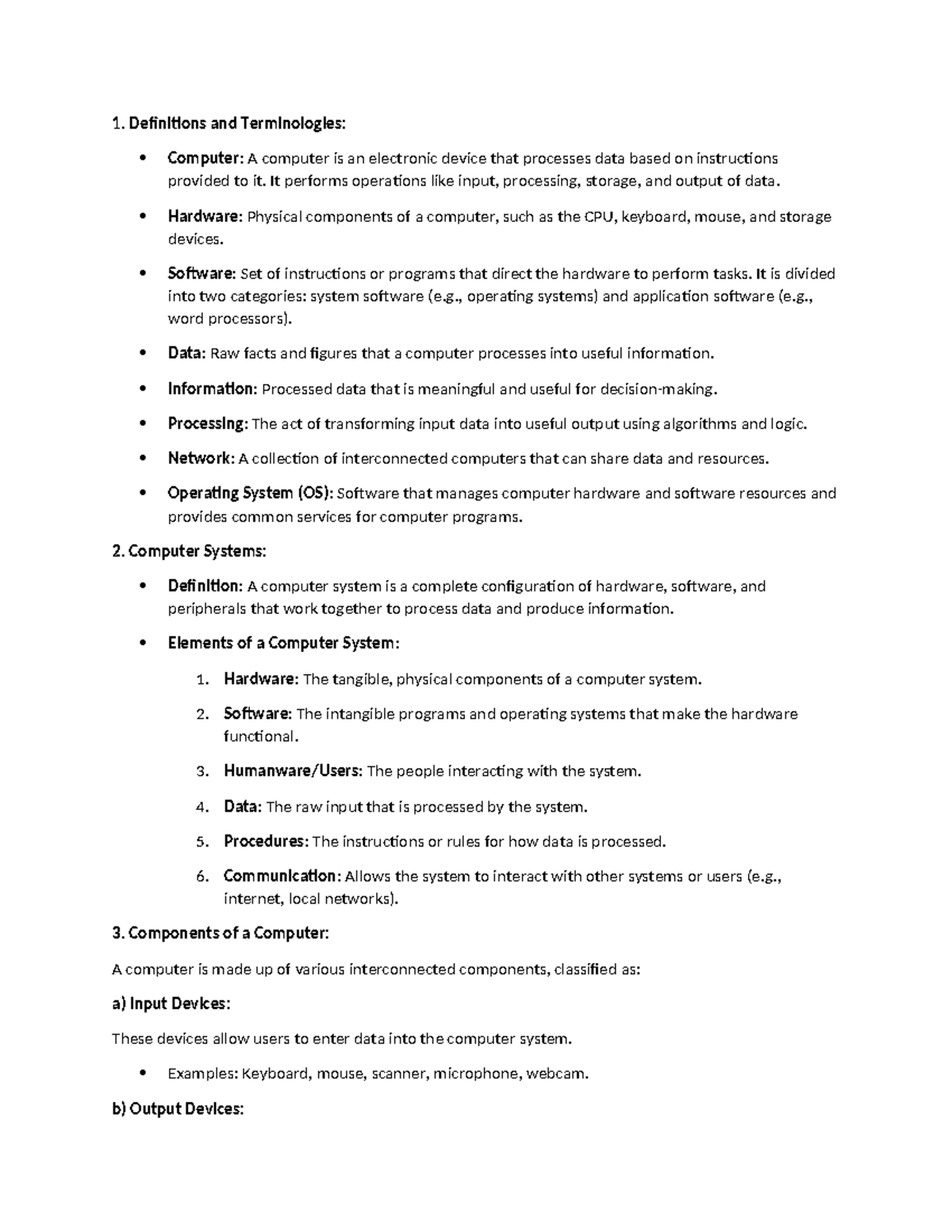 Introduction to Computers: Key Concepts and Components Overview - Studocu