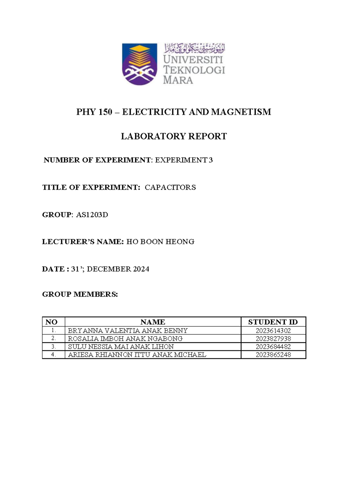 PHY 150 – Lab Report on Capacitors (Experiment 3) - Studocu