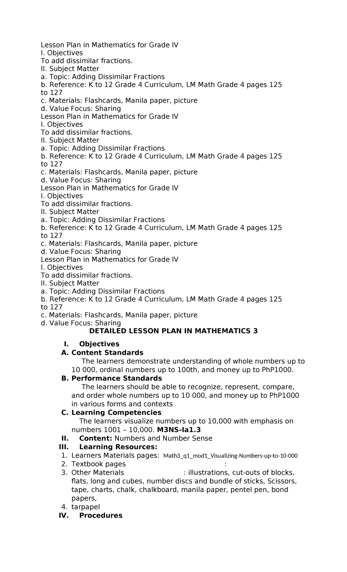 Lesson Plan in Mathematics for Grade 3 Q1 W-1 - Lesson Plan in ...