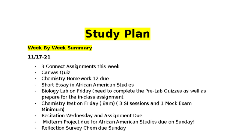 Study Plan for Finals Week: Chem & Bio Strategies - Studocu