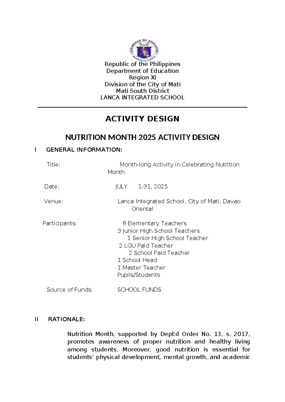 Activity Design for Nutrition Month 2025 - Lanca Integrated School ...
