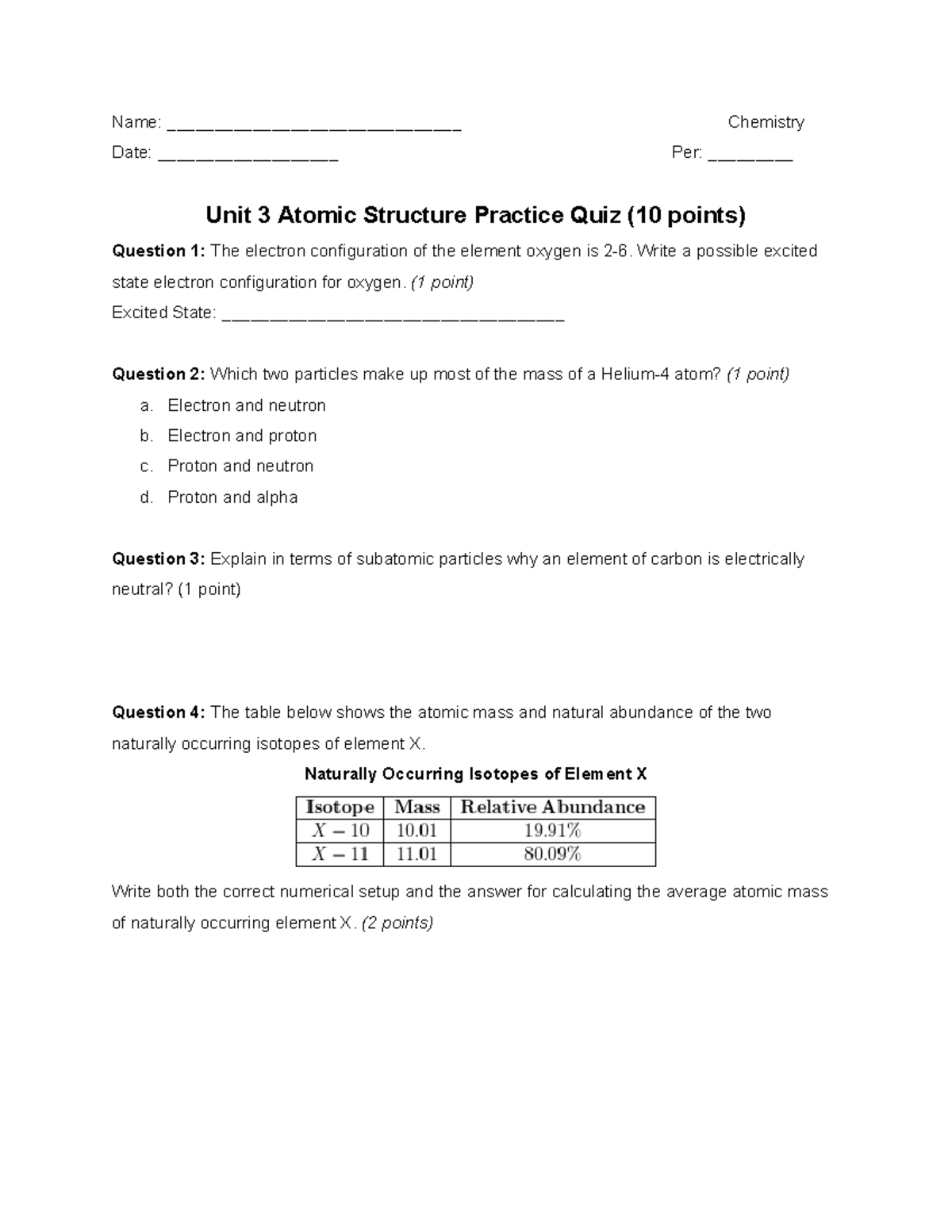 Unit 3: Atomic Structure Practice Quiz (Chemistry) - Studocu
