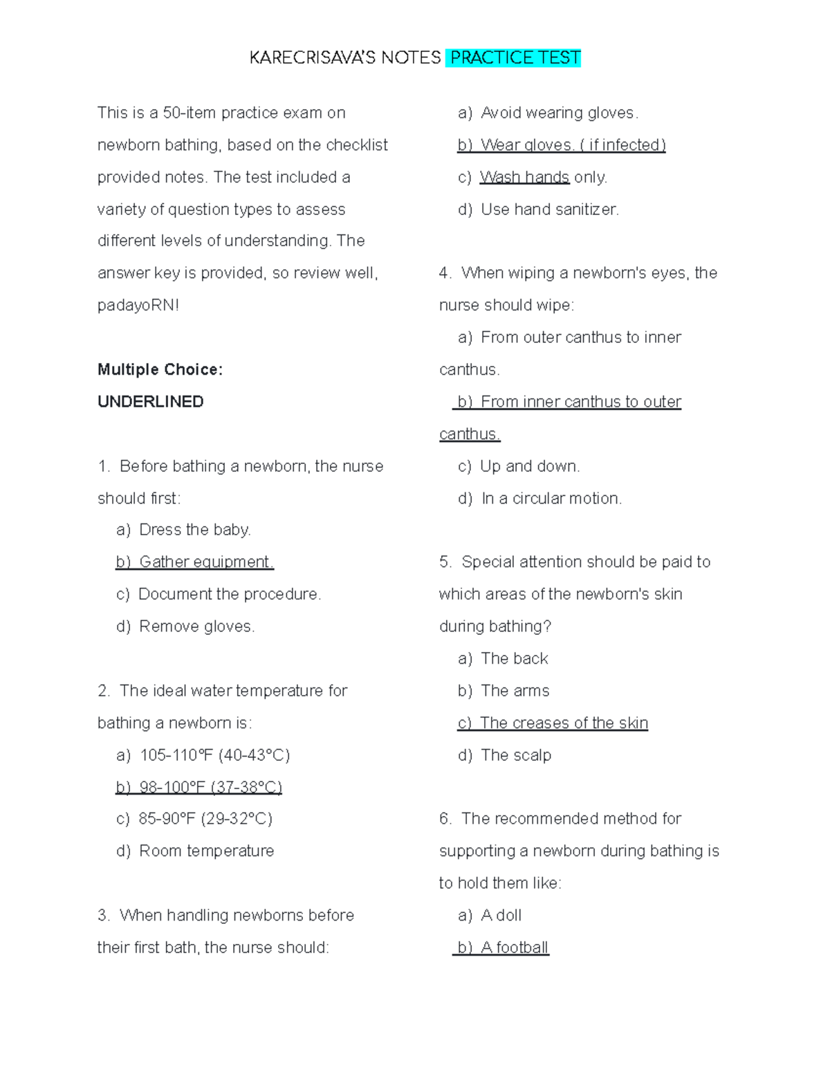 Practice Test: Newborn Bathing Guidelines (OB RLE 2SP1 V2) - Studocu