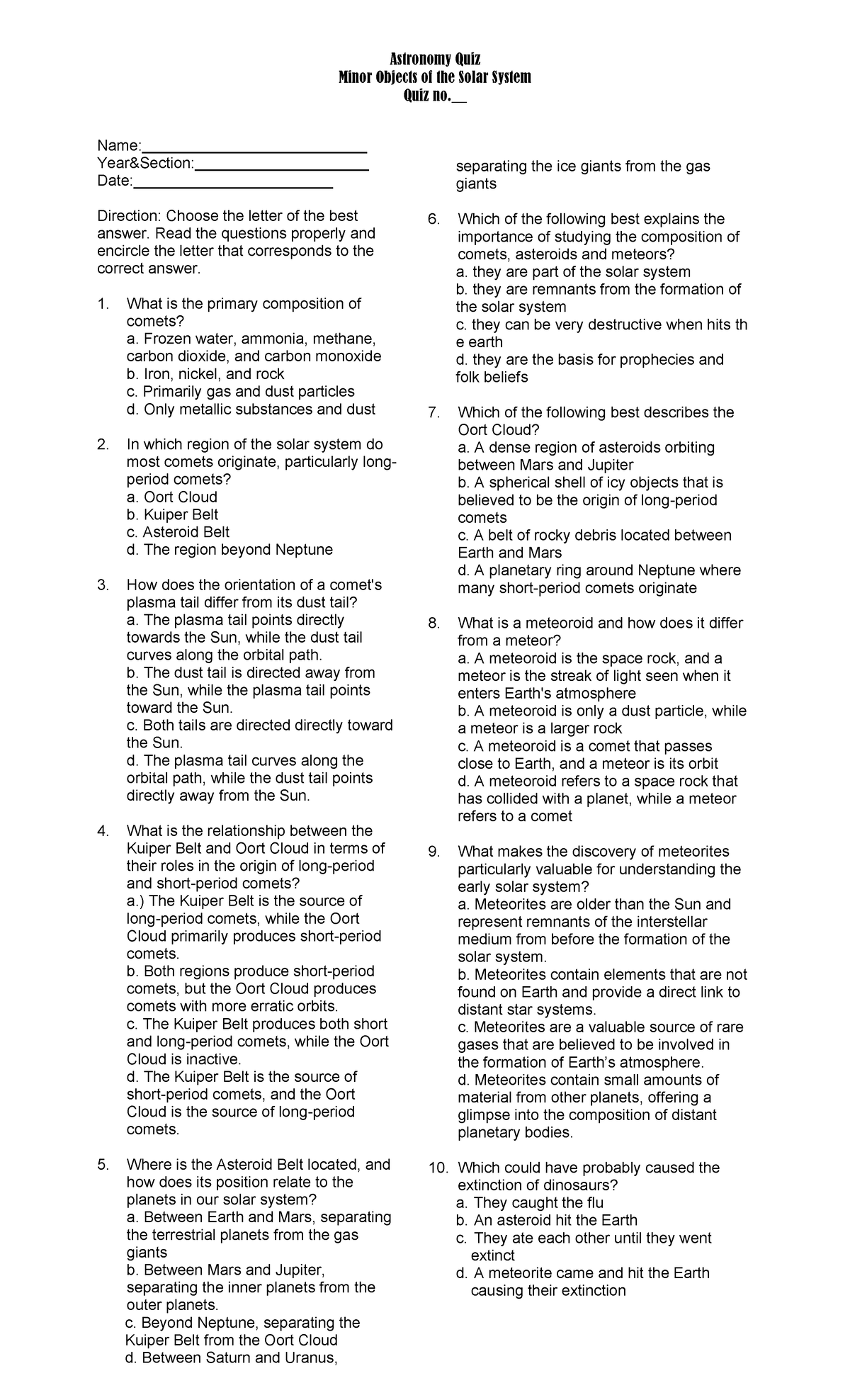Astro-quiz - None - Astronomy Quiz Minor Objects of the Solar System ...