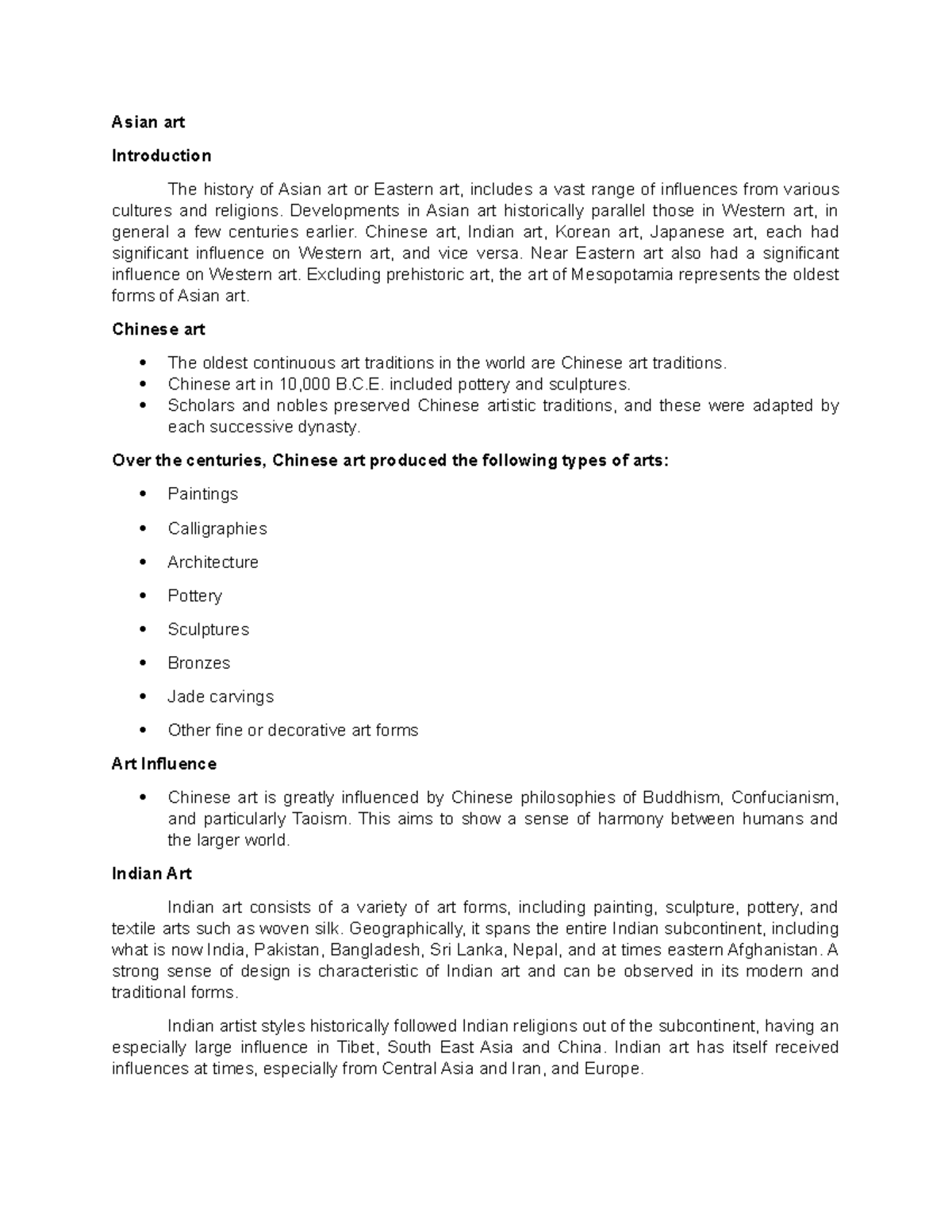Art - Arta notes - Asian art Introduction The history of Asian art or ...